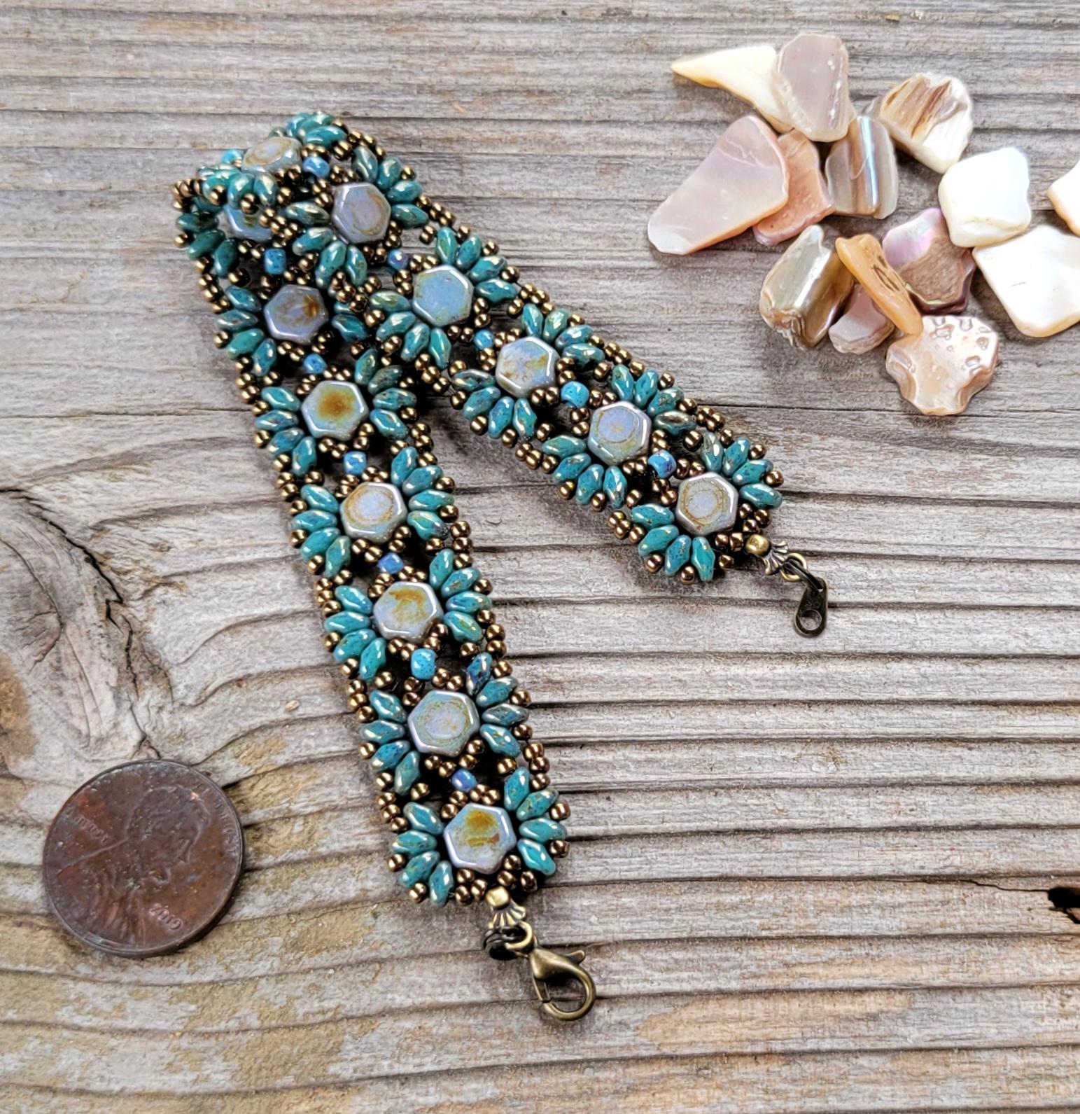 Handmade Beaded Bracelet: Sage Green Turquoise Honeycomb Flower Design ...