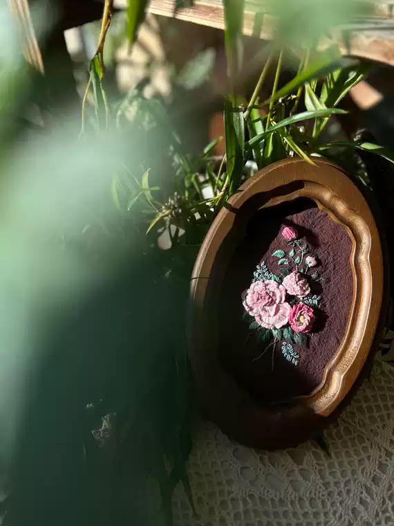 Vintage Embroidery Roses Frame Art, Embroidered Frame Art, Hand ...