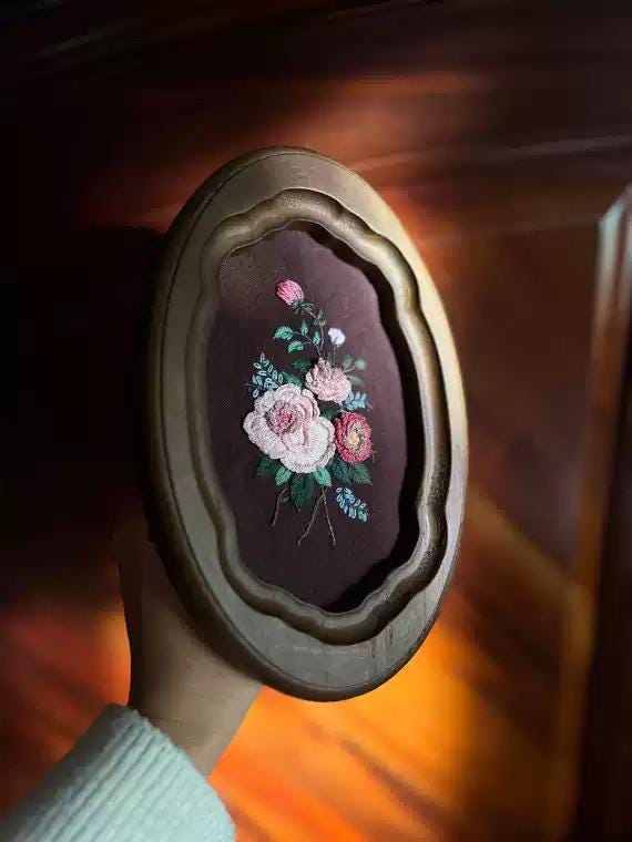 Vintage Embroidery Roses Frame Art, Embroidered Frame Art, Hand ...