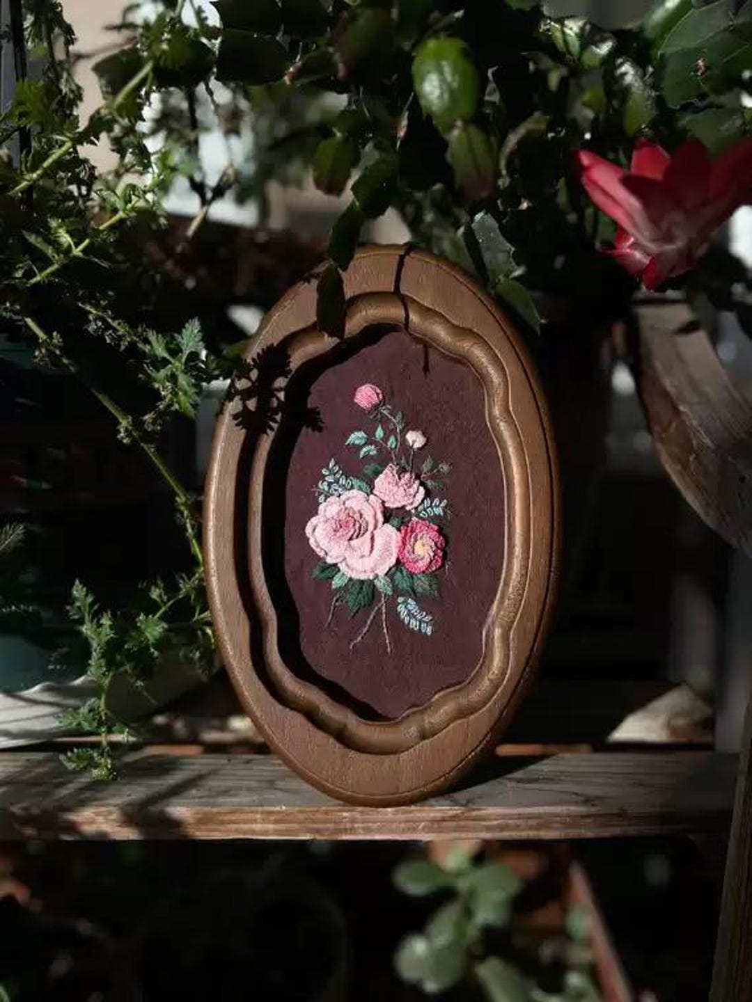 Vintage Embroidery Roses Frame Art, Embroidered Frame Art, Hand ...