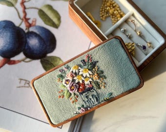 Walnut Jewelry Box With Hand Embroidery, Vintage Embroidered Jewelry ...