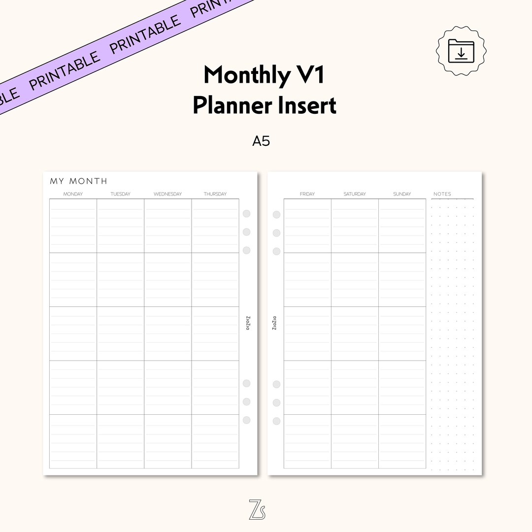 A5 Printable Planner Inserts Undatedmonthly, Monthly Planner, A5 ...