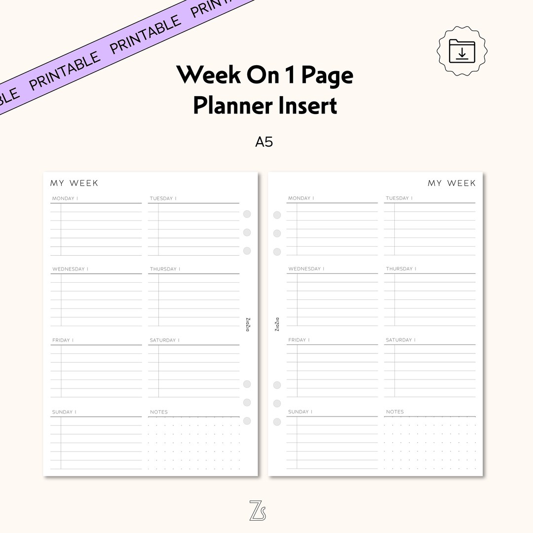A5 Week on One Page Planner Inserts, Minimal Weekly To-do List ...