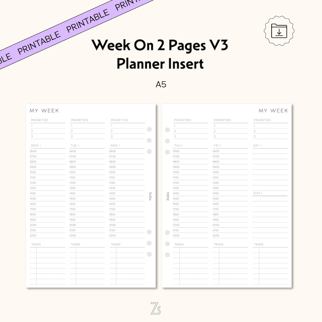 A5 Planner Inserts, Week on Two Pages, Minimal Design (printable PDF ...
