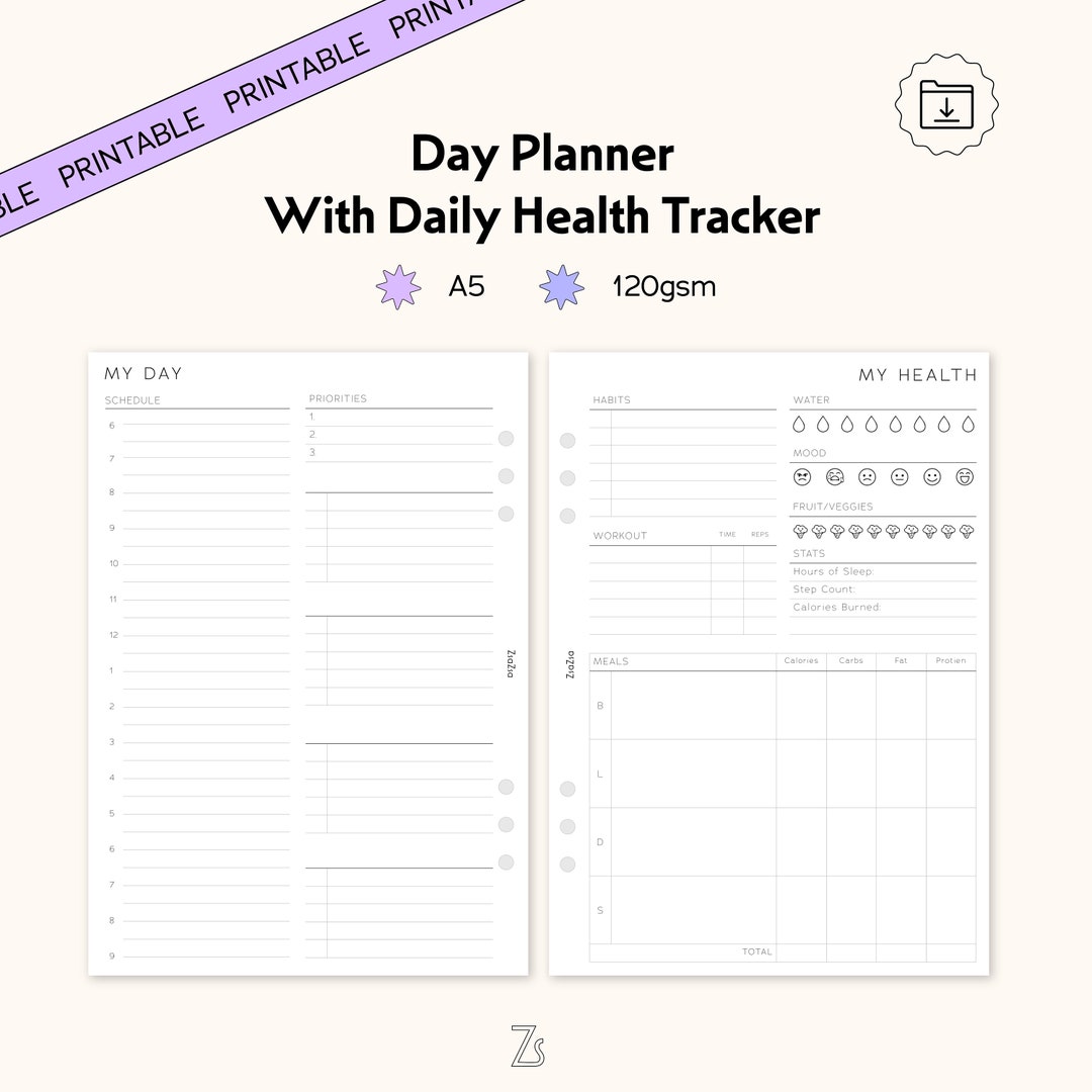 A5 Printable Daily Planner Insert, A5 Daily Health Tracker Inserts ...