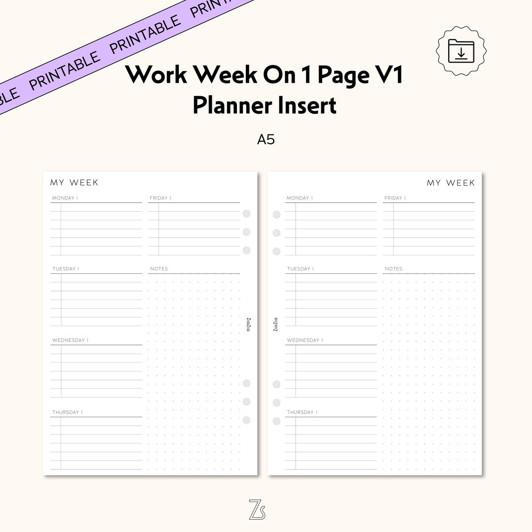 A5 Printable Work Week on One Page Planner Inserts, Weekly to Do List ...