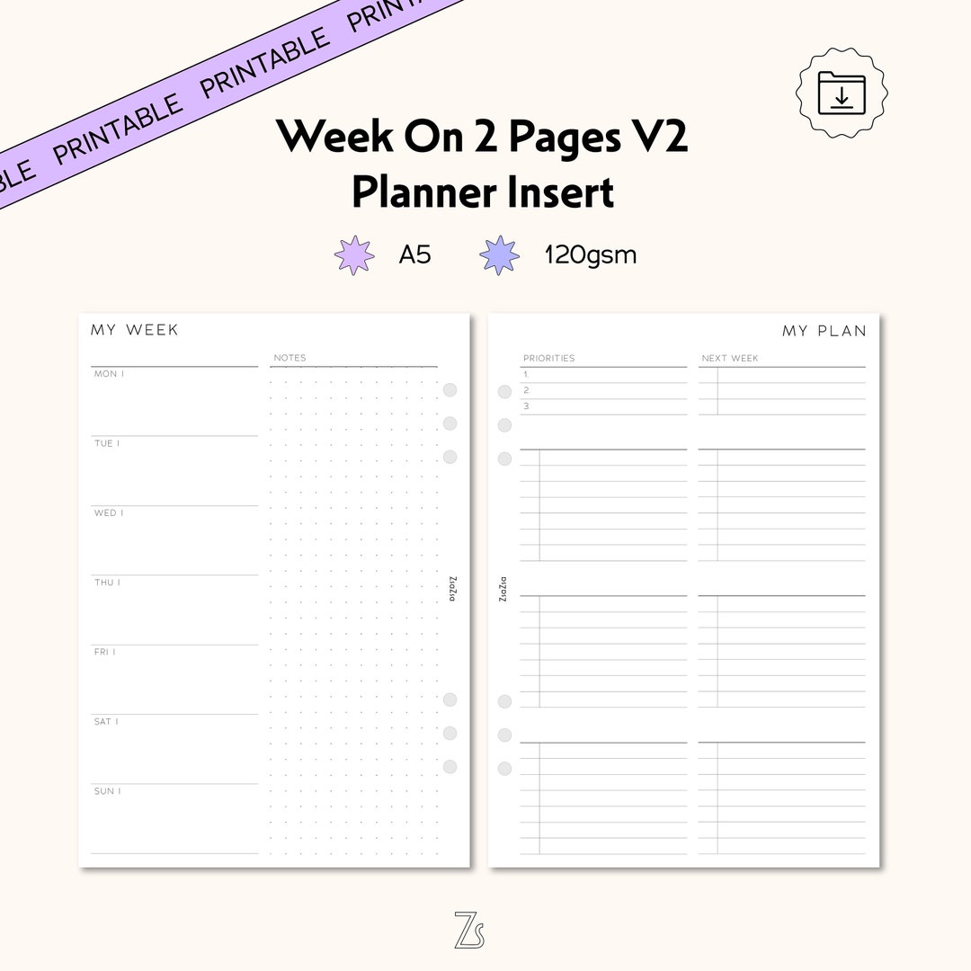 A5 Printable Planner Inserts Week on Two Pages, Weekly Planner, A5 Filofax Planner Inserts ...