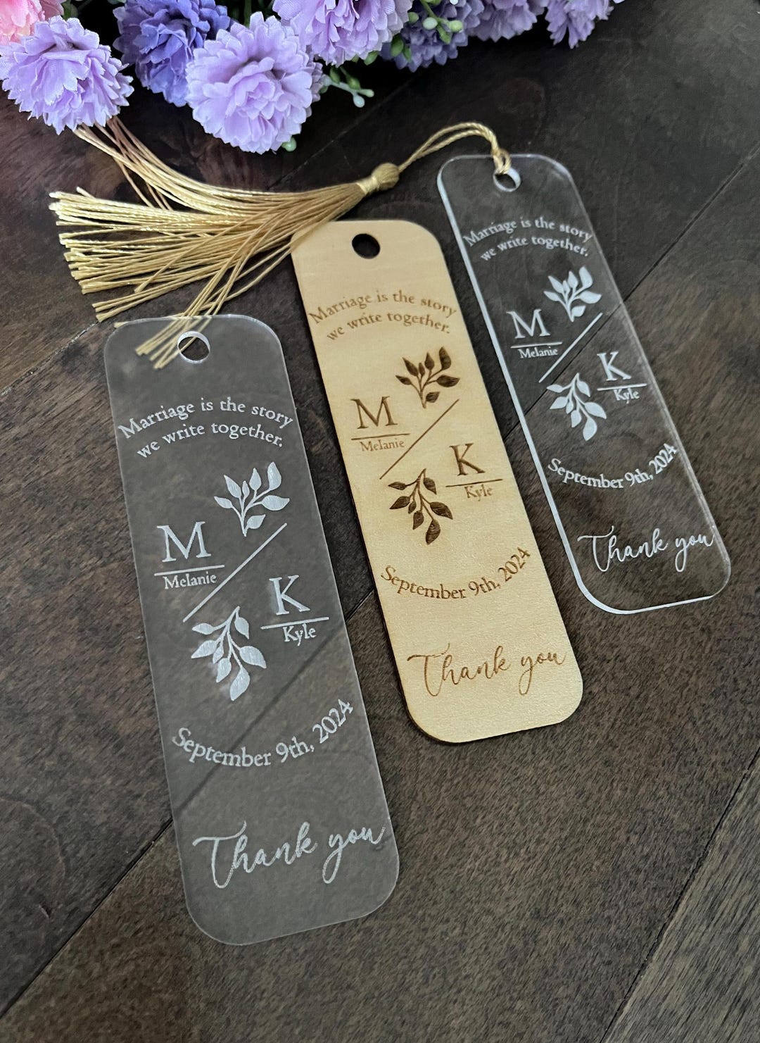 Personalized Wedding and Engagement Bookmark Favor: Engraved Wood or ...