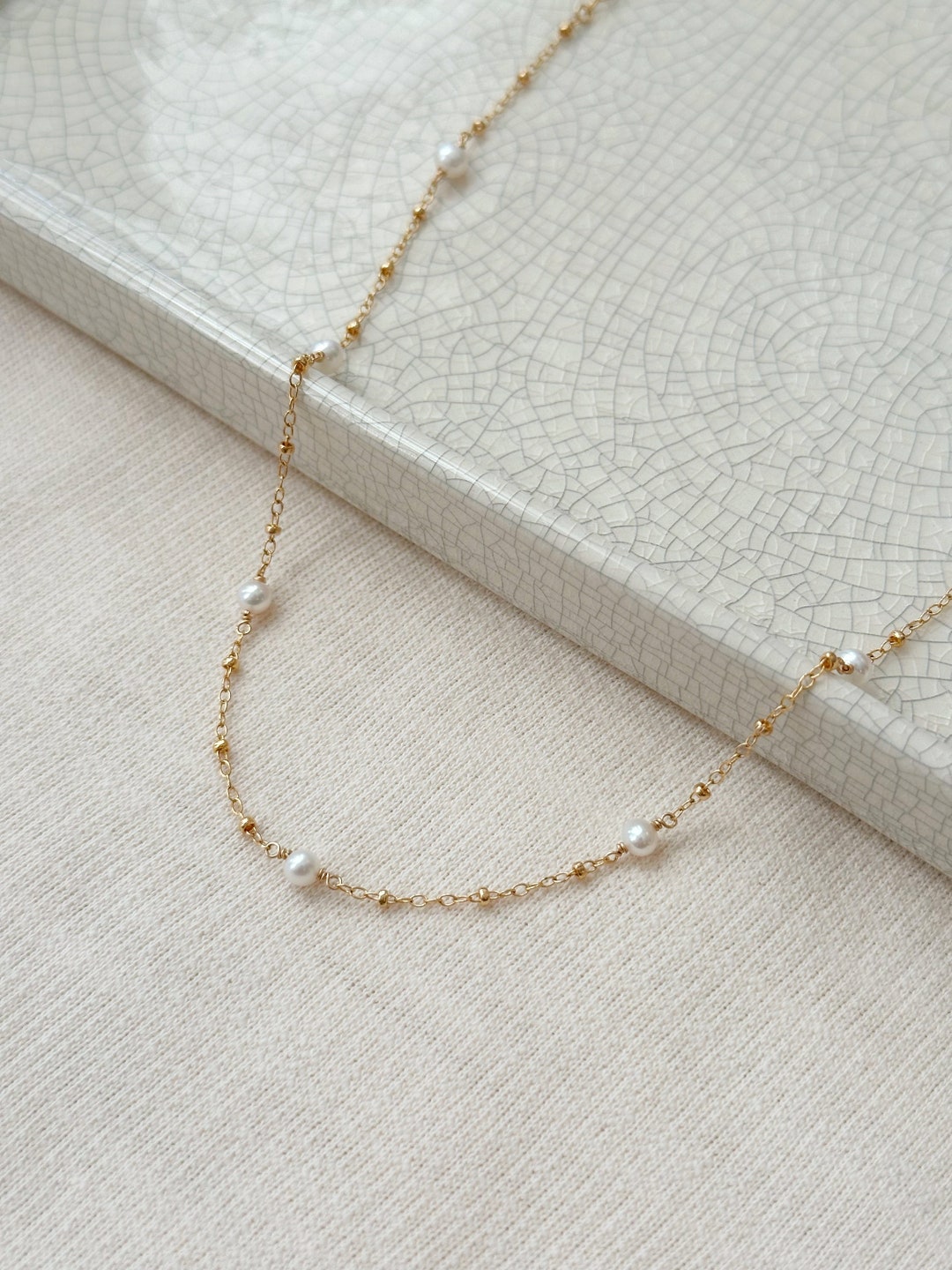 Floating Pearl Chain Necklace, 14K Gold Filled Round Freshwater Pearl ...