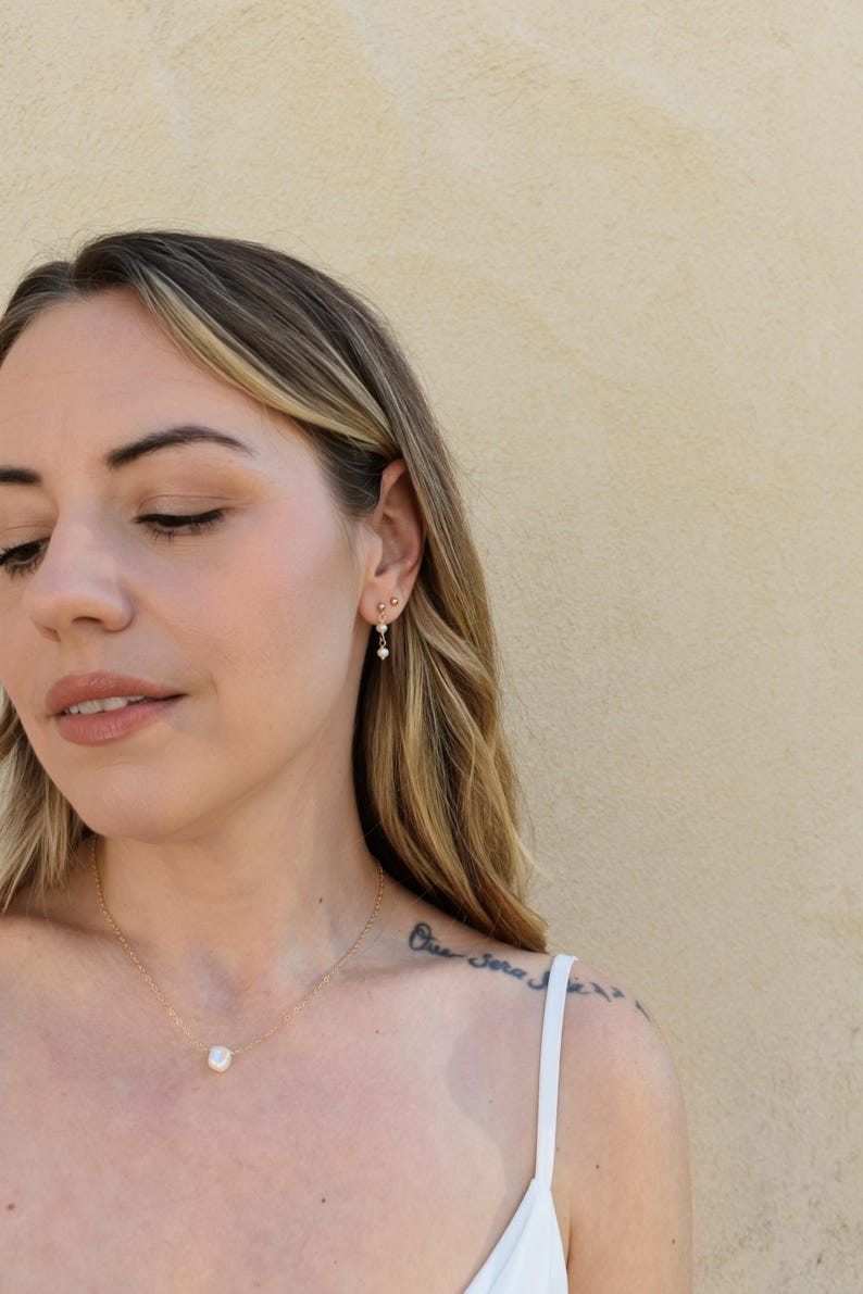 Dangly Pearl Stud Earring Stack, 14K Gold Filled Freshwater Pearl ...