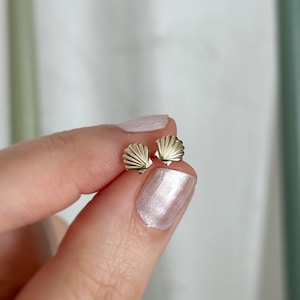 Shell Stud Earrings, Tiny 14K Gold Filled Seashell Earrings, Minimalist Stud Earrings, Ocean ...