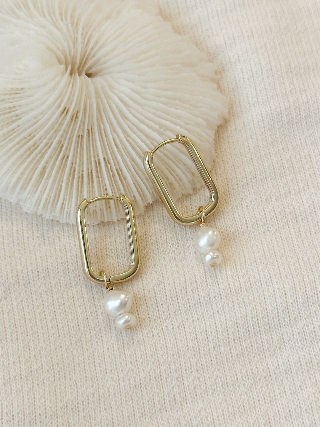 Gold U Hoop Earrings With Pearl Dangle Charms, 14K Gold Filled Hoops ...