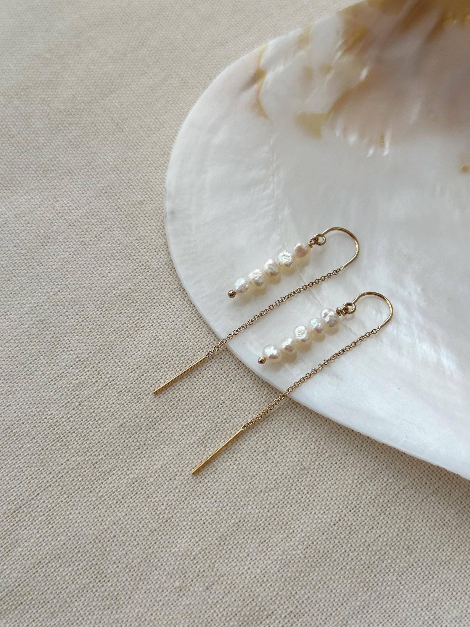 Pearl Chain Earrings, 14K Gold Filled Threader Earrings, Minimalist ...