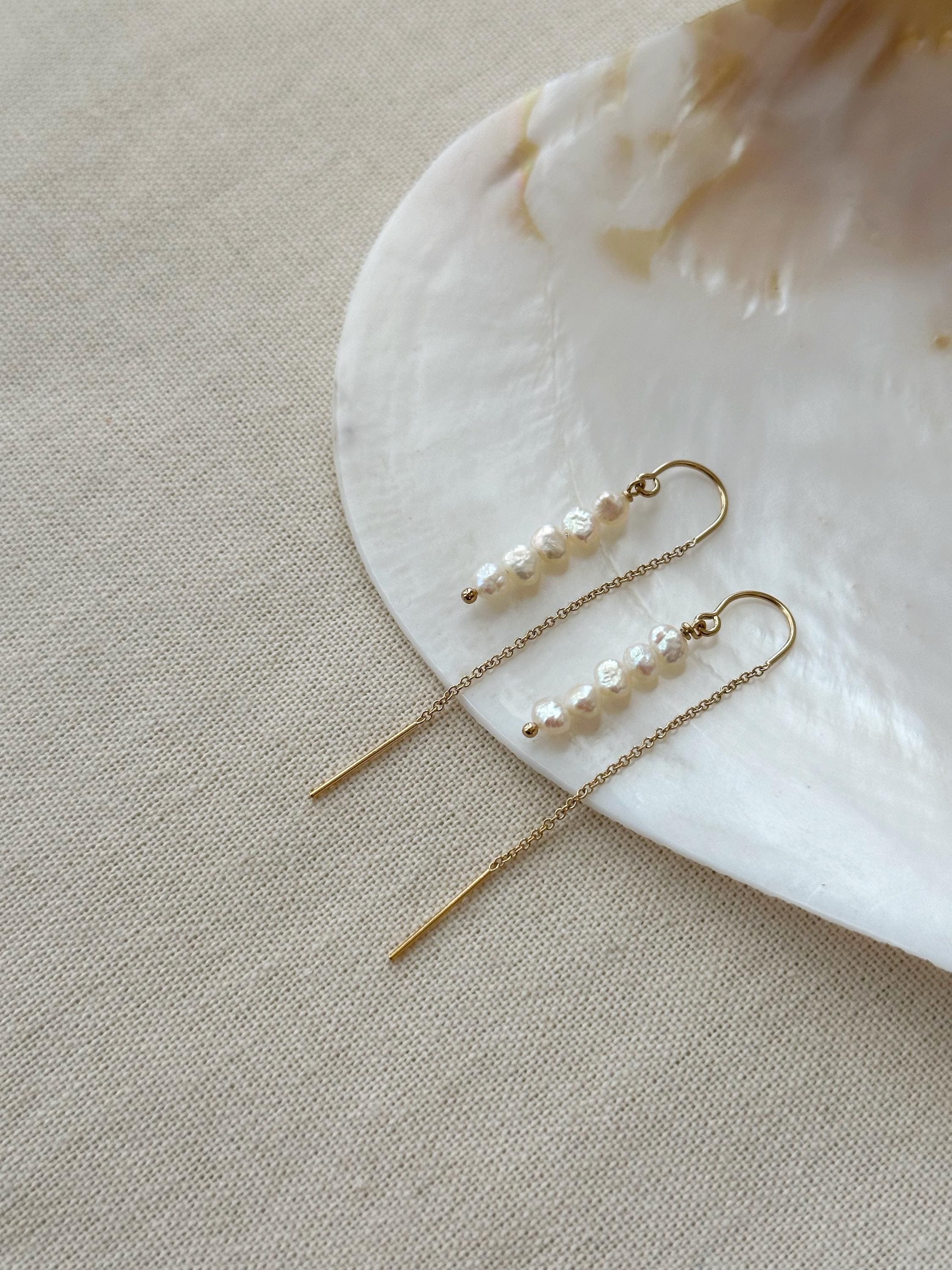 Pearl Chain Earrings, 14K Gold Filled Threader Earrings, Minimalist ...