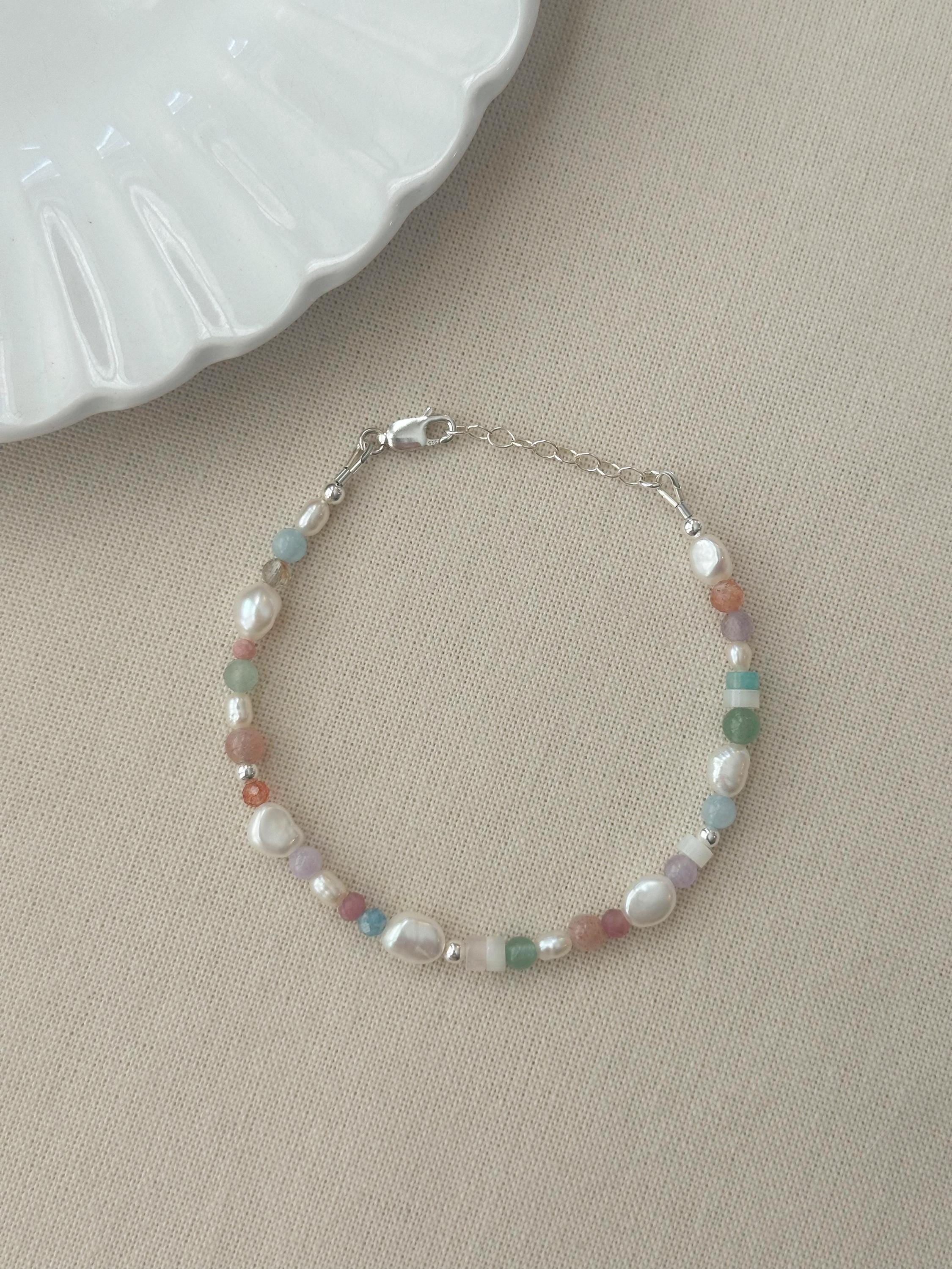 Pastel Beaded Gemstone Bracelet, 14K Gold Filled Freshwater Pearl ...