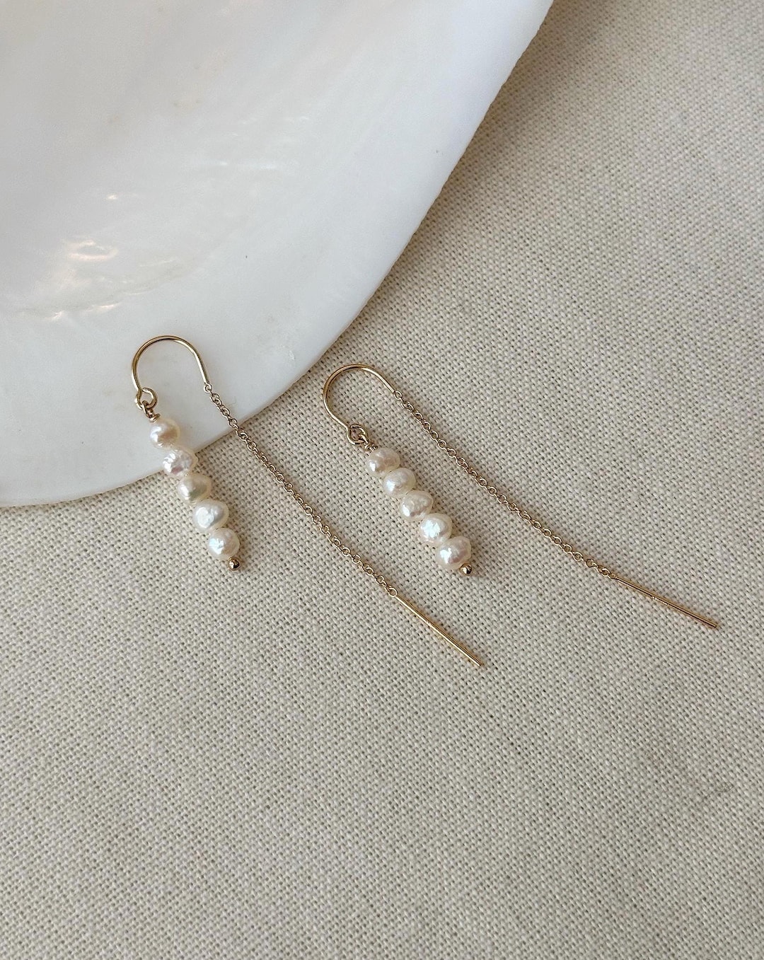 Pearl Chain Earrings, 14K Gold Filled Threader Earrings, Minimalist ...