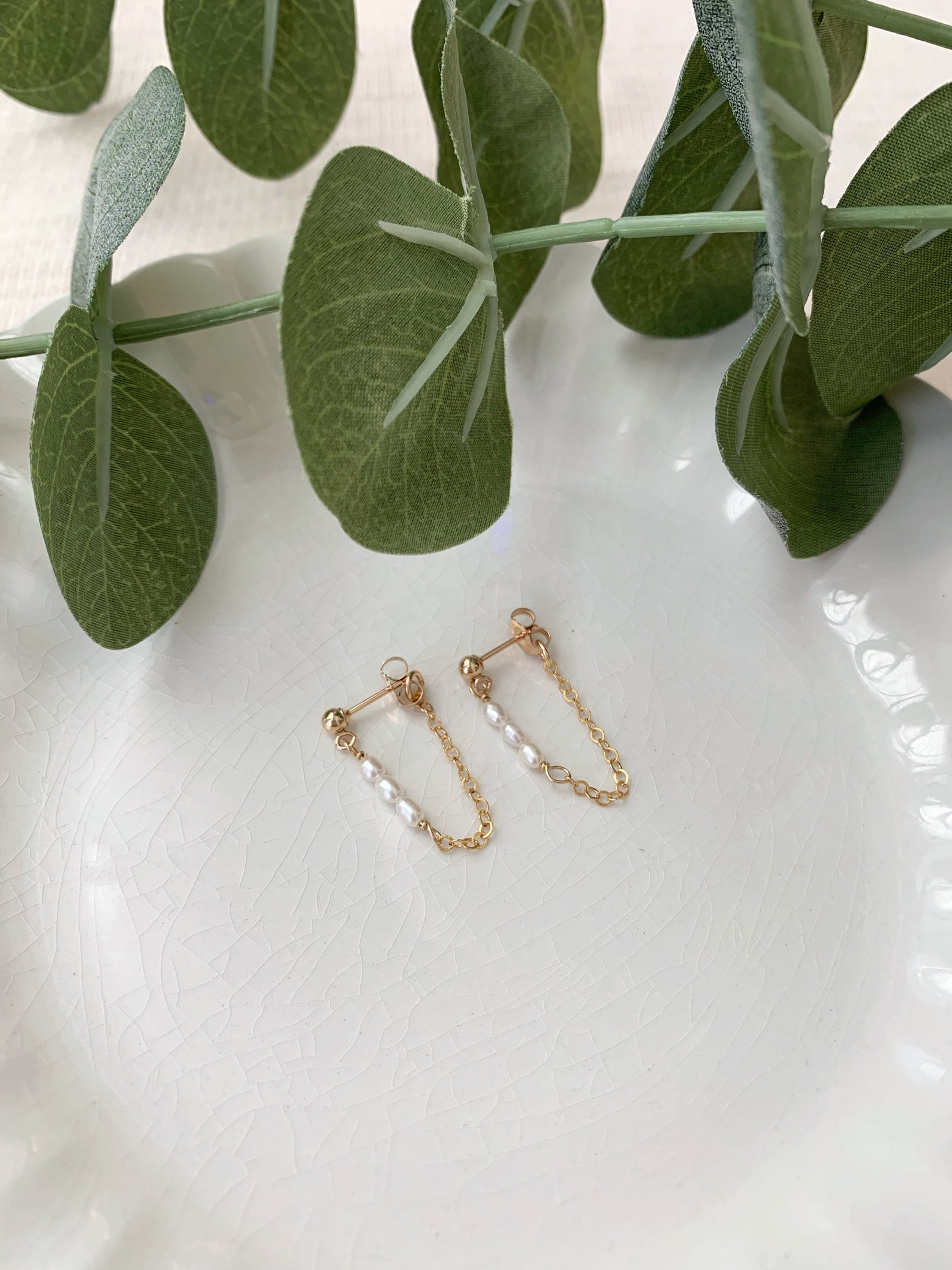 Pearl Chain Earrings 14K Gold Filled Tiny Pearl Earrings - Etsy
