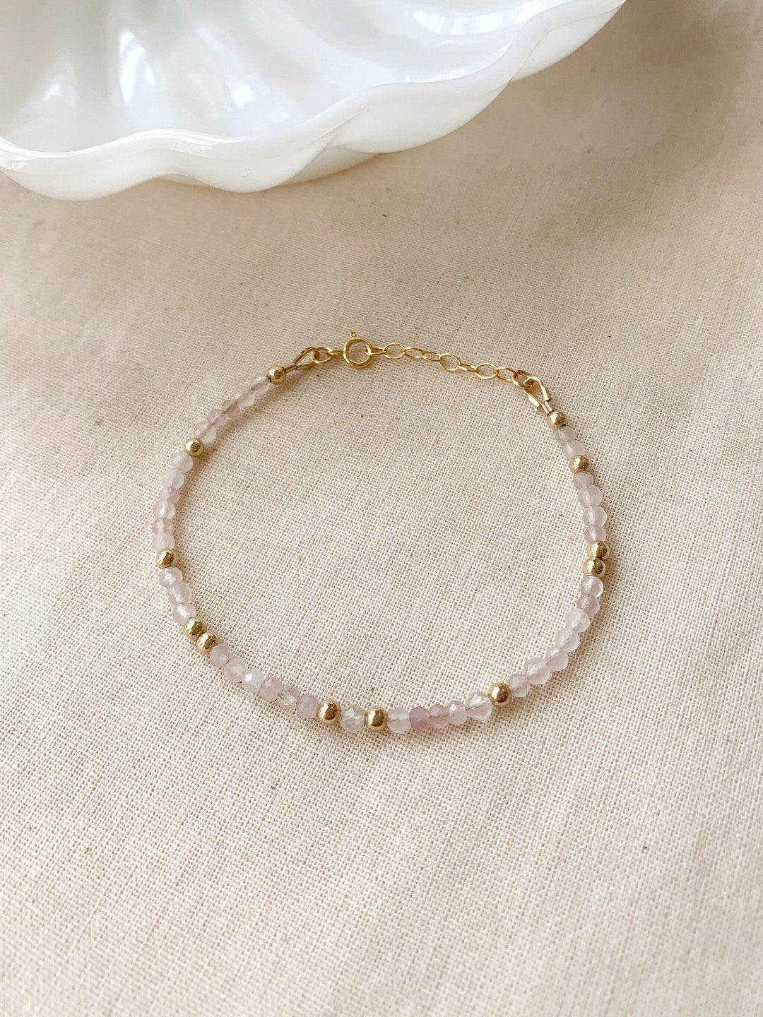 Rose Quartz Beaded Bracelet, 14K Gold Filled or Sterling Silver ...