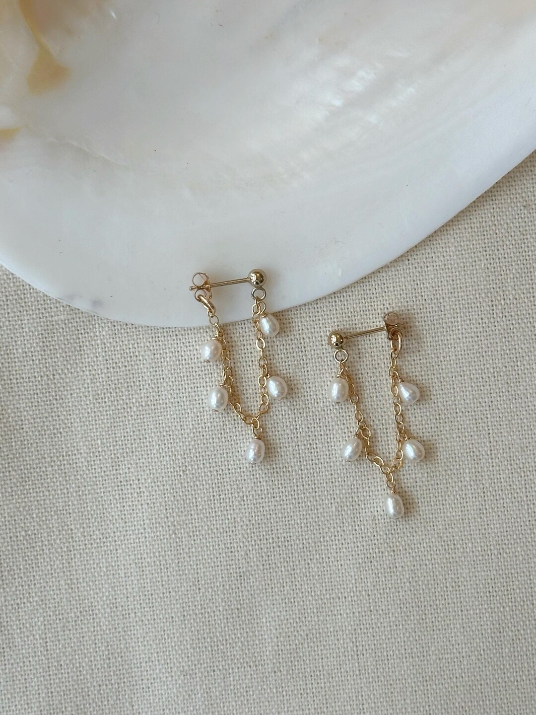 Delicate Pearl Chain Earrings, 14K Gold Filled Dangly Pearl Earrings ...