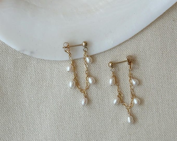 Delicate Pearl Chain Earrings, 14K Gold Filled Hanging Pearl Earrings ...