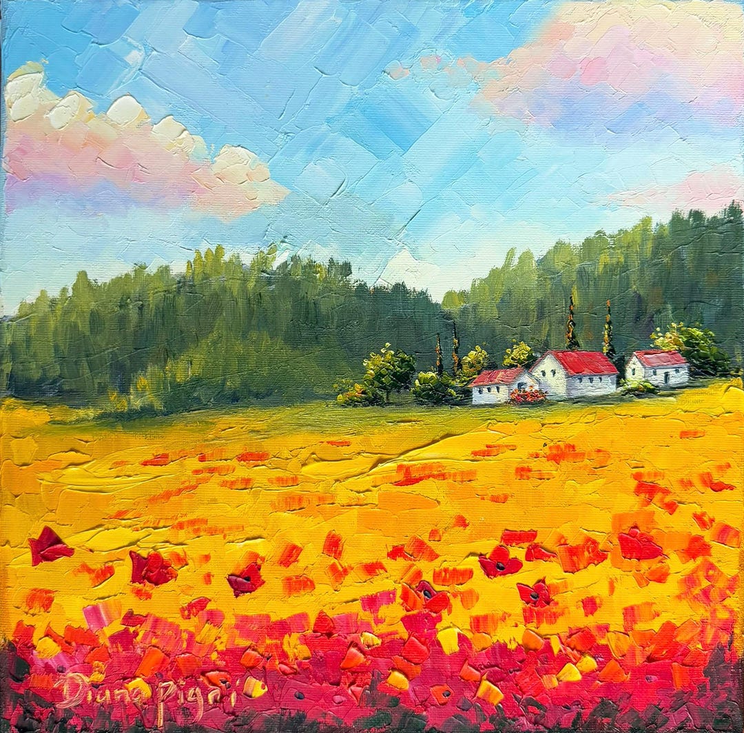 Tuscany Poppy Field Painting: Original Impasto Oil Landscape, 12" - Etsy