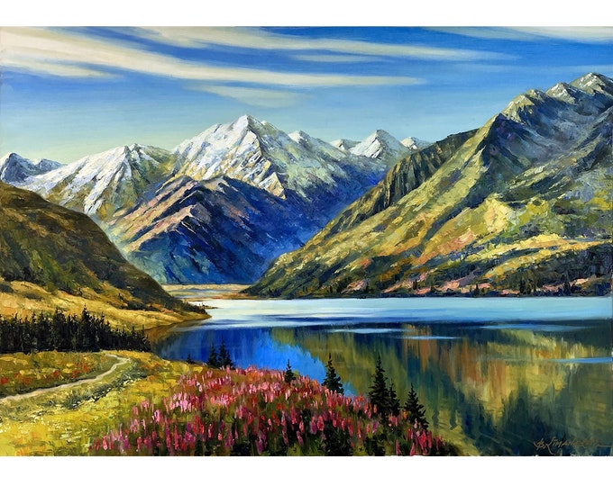 Alaska Painting Mountain Original Art Big Lake Large Oil Painting 40 X ...