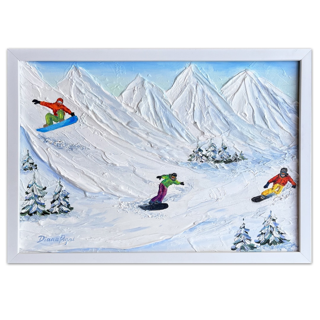 Rocky Mountain Painting Snowboard Original Art Textured Framed Impasto ...