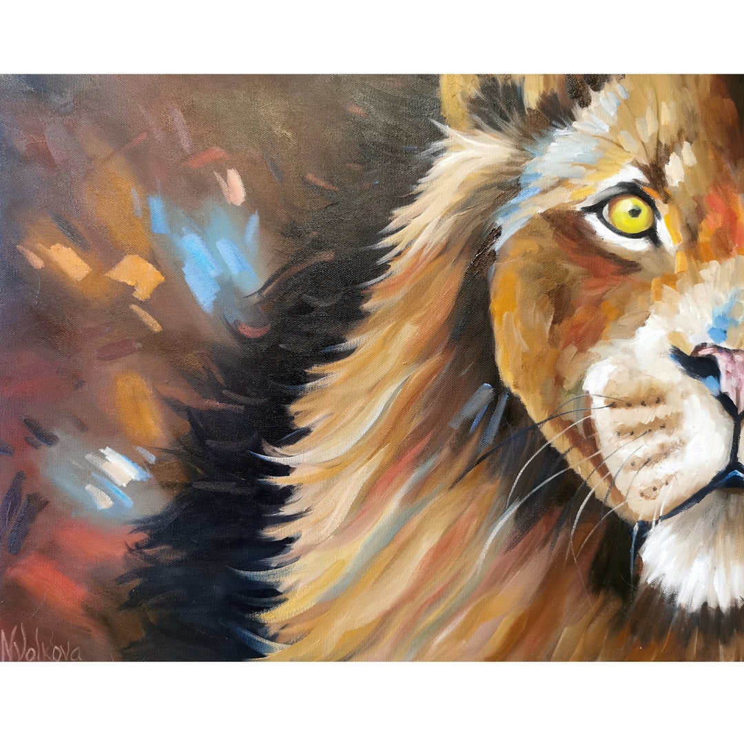 Lion Painting Animal Original Art Lion Face Portrait Oil Painting on ...