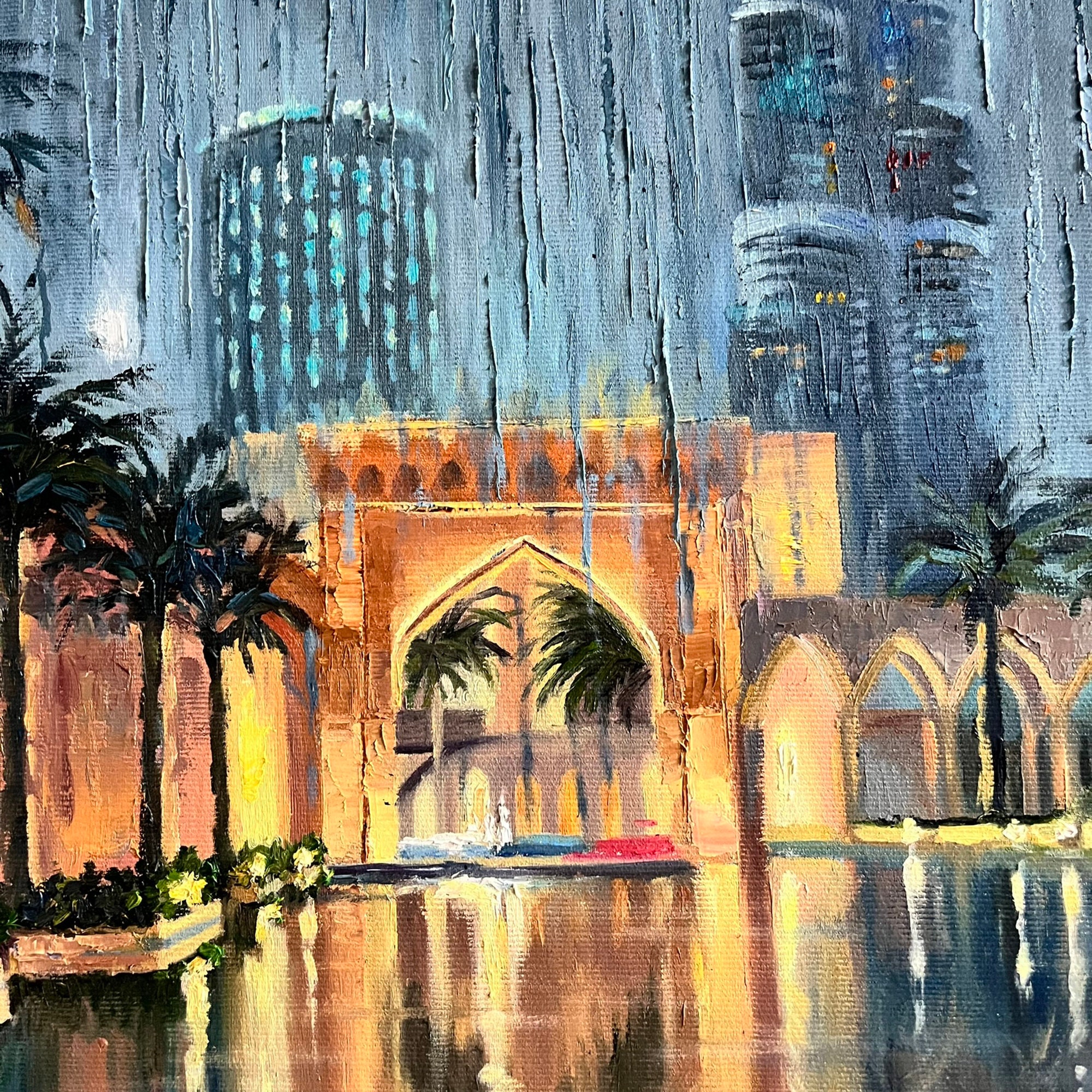 Dubai Rainy Cityscape Impasto Oil Painting: Original Burj Khalifa Art ...