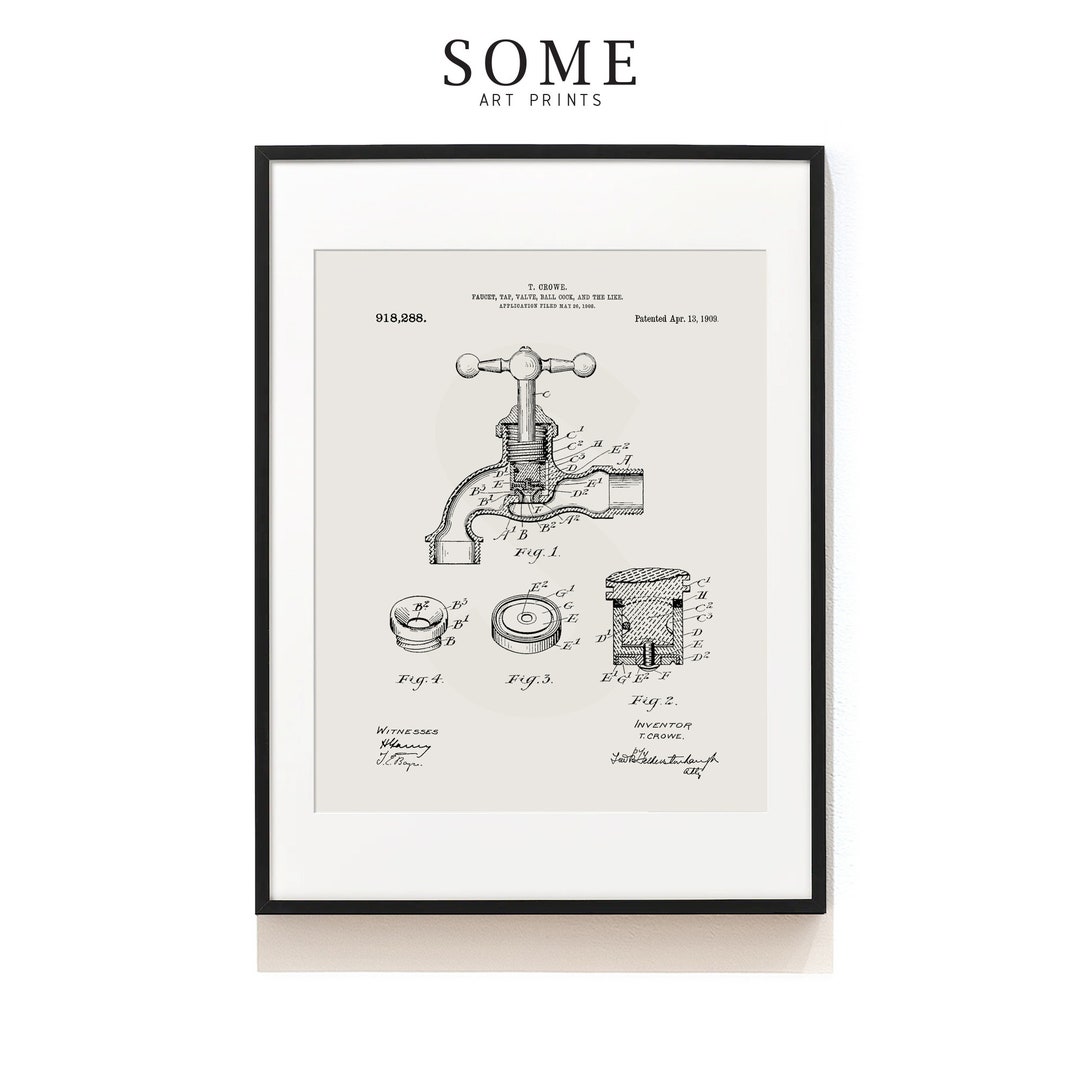 Single Tap Patent Drawing . Bathroom Art . Faucet Patent Print ...