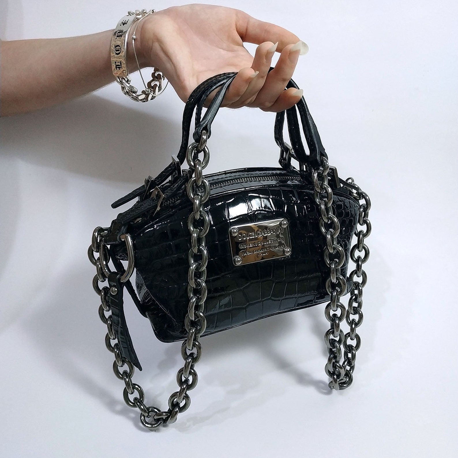 Dolce And Gabbana Black Patent Leather Embossed A La Crocodile Etsy