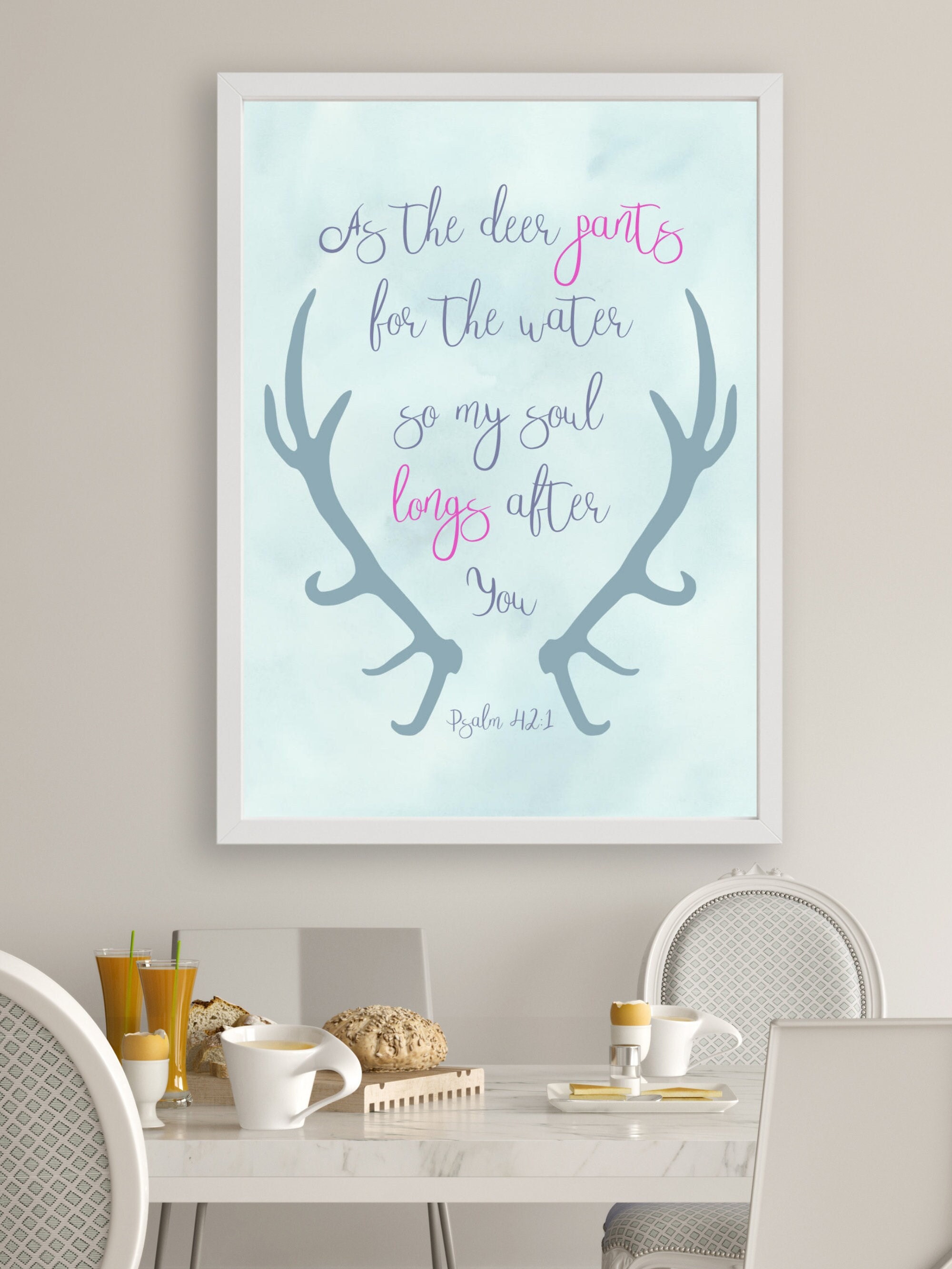 Bible Verse Psalm 42:1 Watercolour Deer Antlers Wall Art for Home Decor ...
