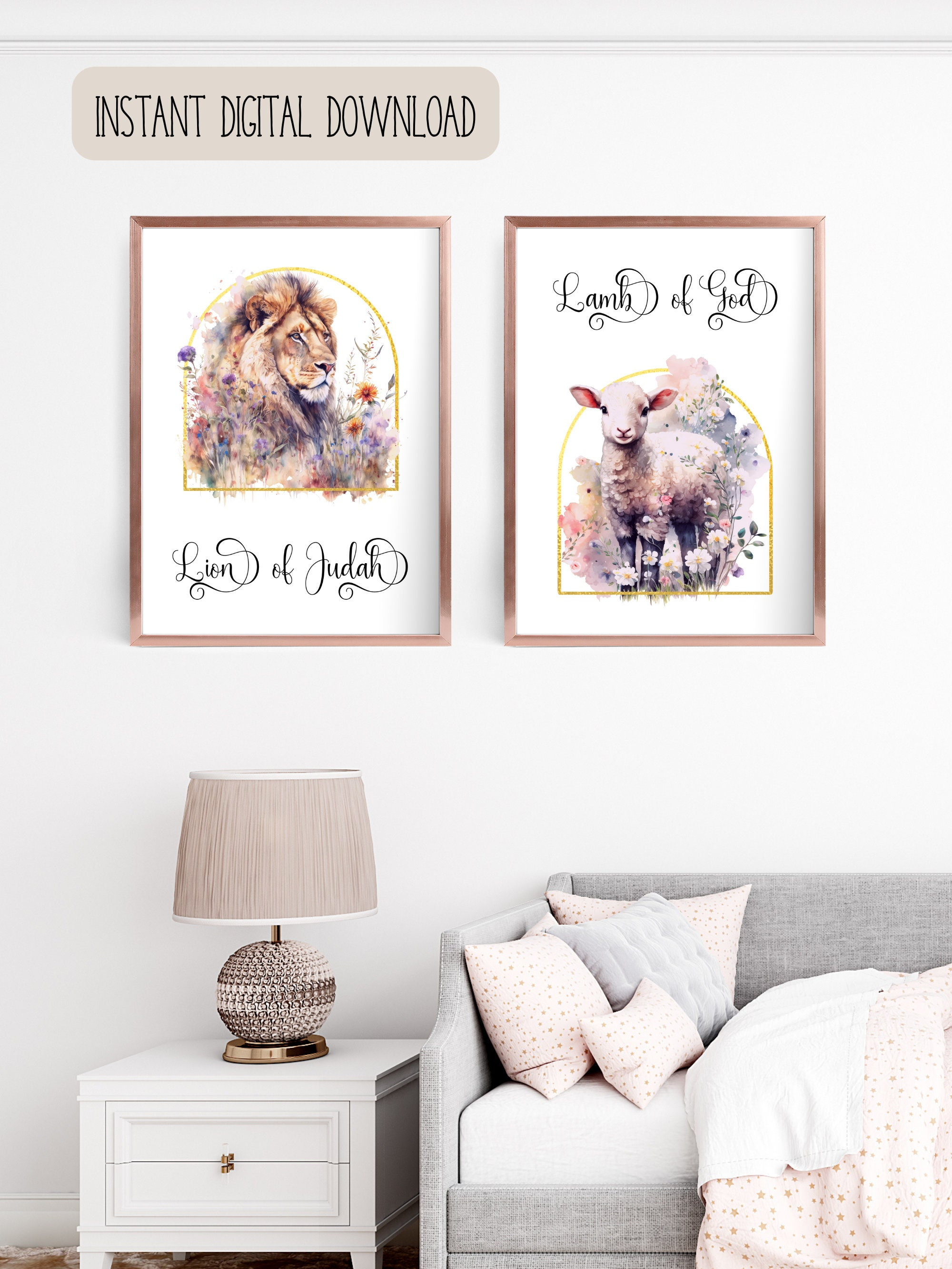 Floral Lion and Lamb Scripture Digital Art Print Christian Wall Décor ...