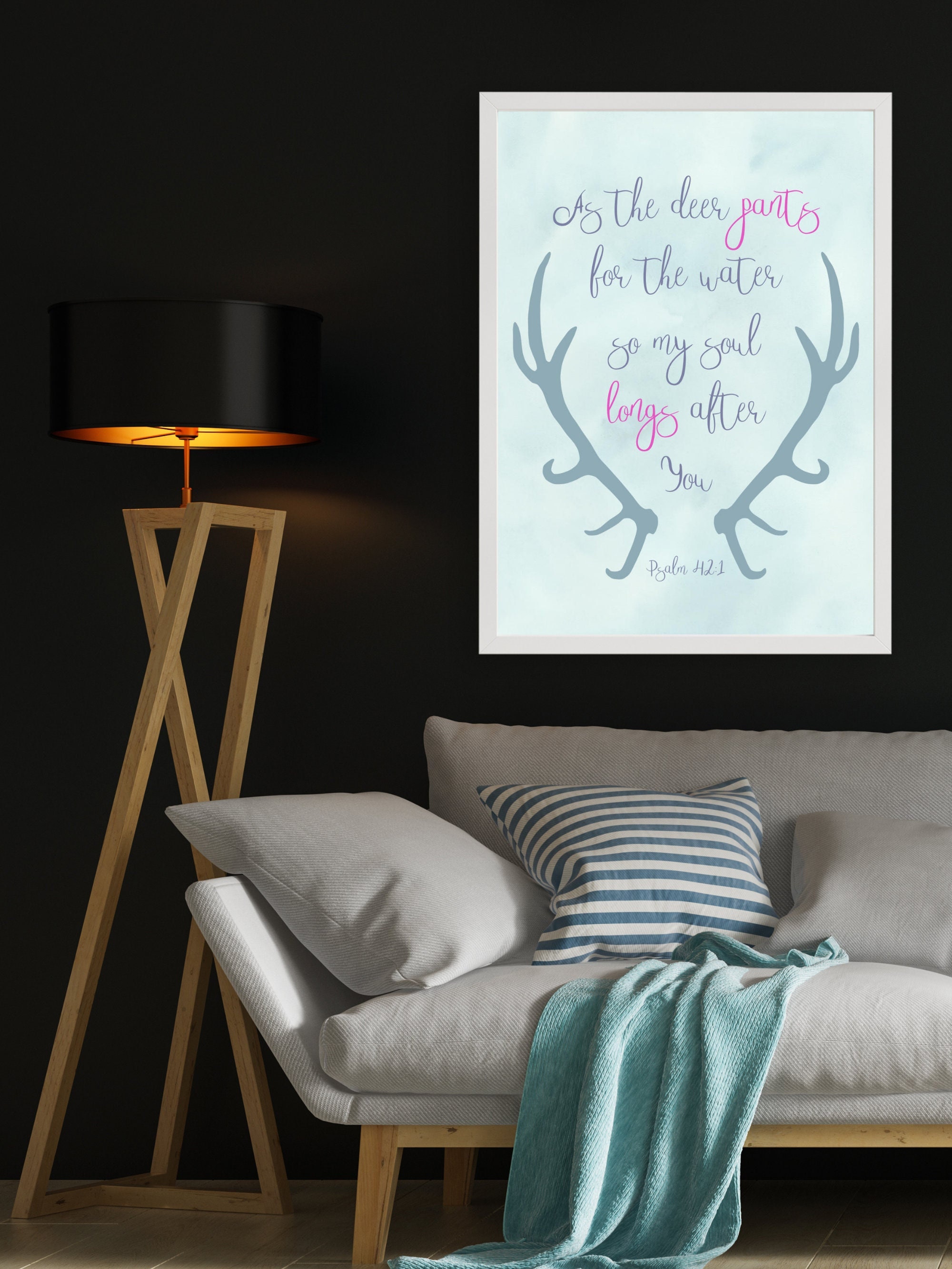 Bible Verse Psalm 42:1 Watercolour Deer Antlers Wall Art for Home Decor ...