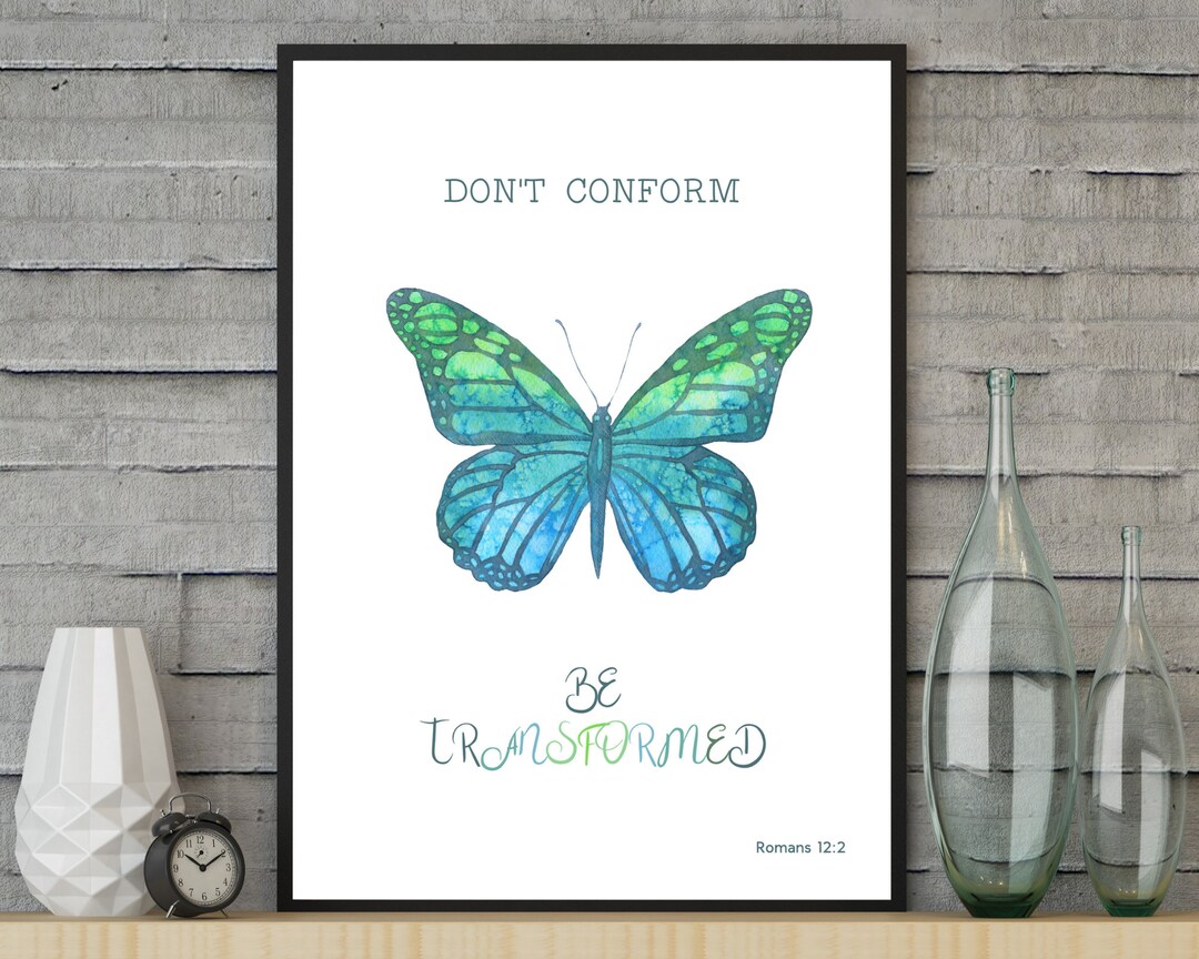 Be Transformed, Blue Butterfly Watercolour Print, Romans 12:2 ...