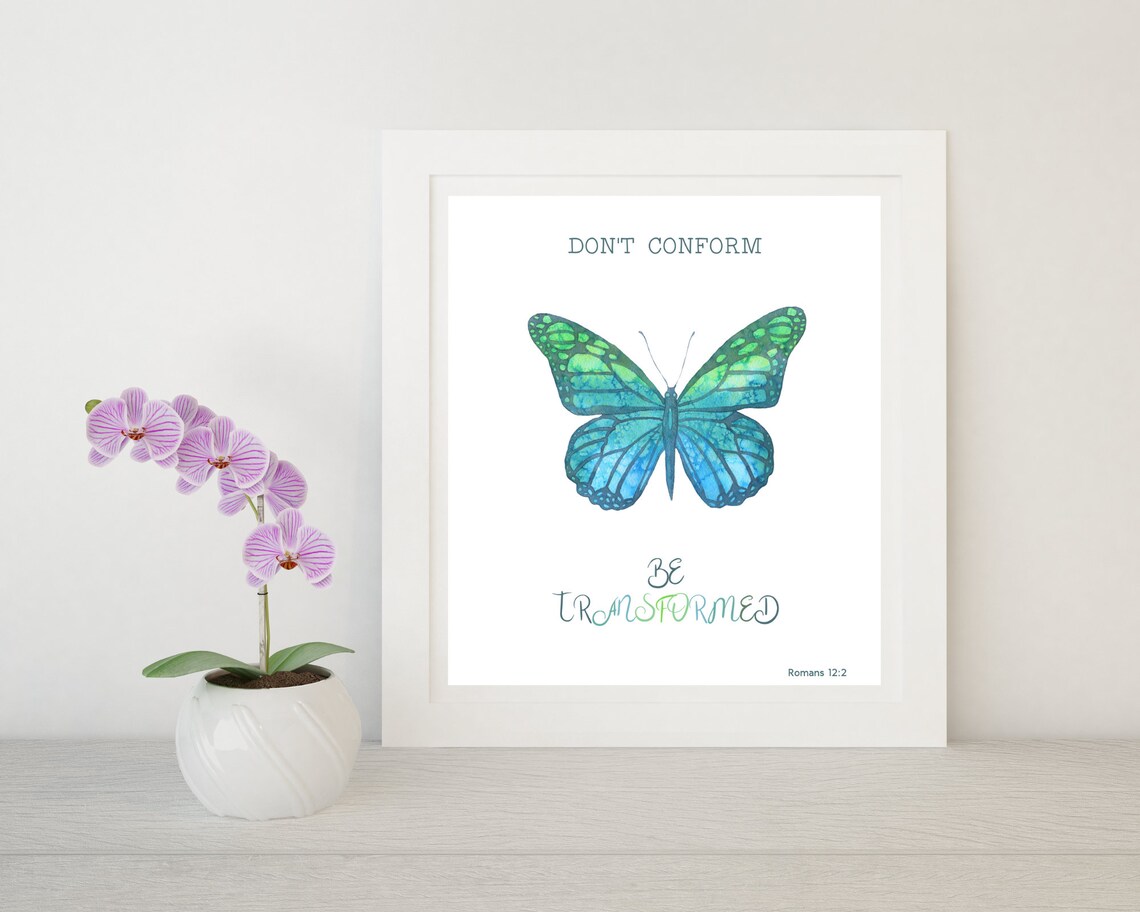Be Transformed, Blue Butterfly Watercolour Print, Romans 12:2 ...