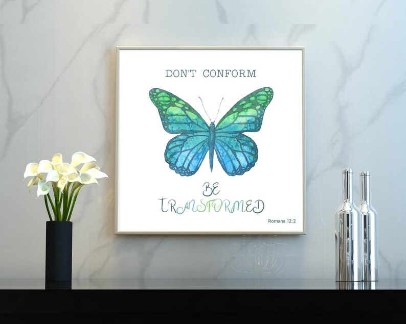 Be Transformed Blue Butterfly Watercolour Print Romans 12:2 - Etsy