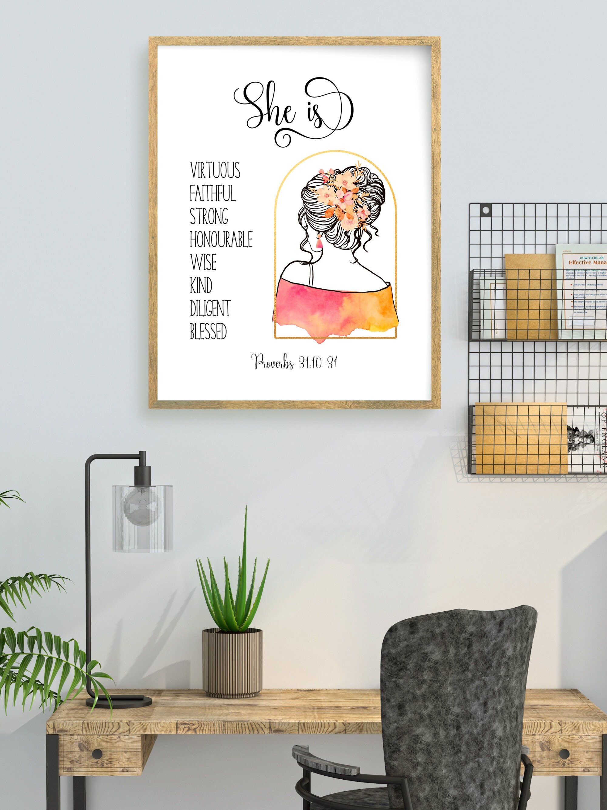 Floral Line Art Woman Proverbs 31 Bible Verse Wall Art Print Gift for ...