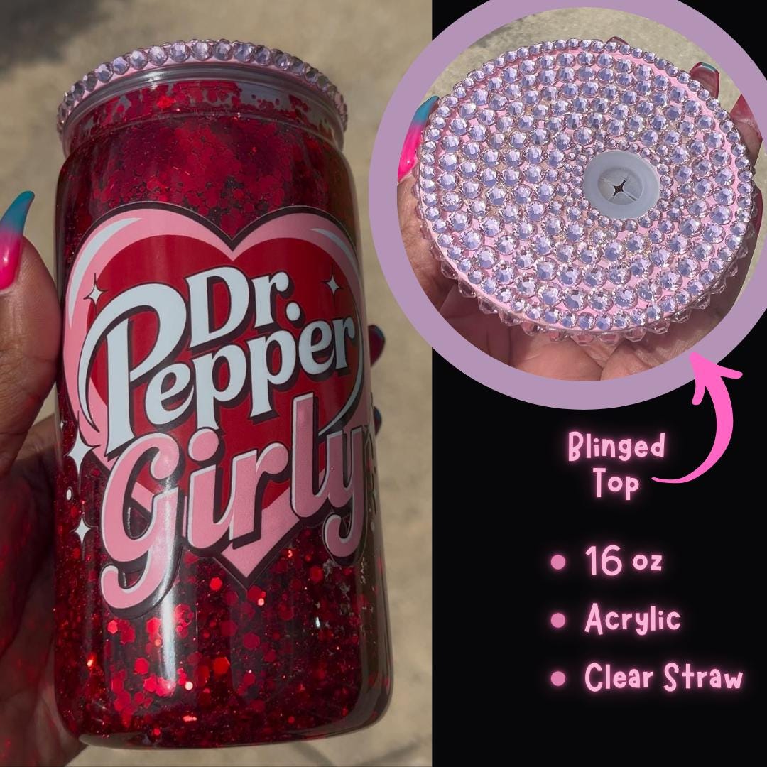 16 Oz Libby Acrylic Dr. Pepper Girl Snow Globe Glitter Tumbler Gift for Her Drinking Cup With ...