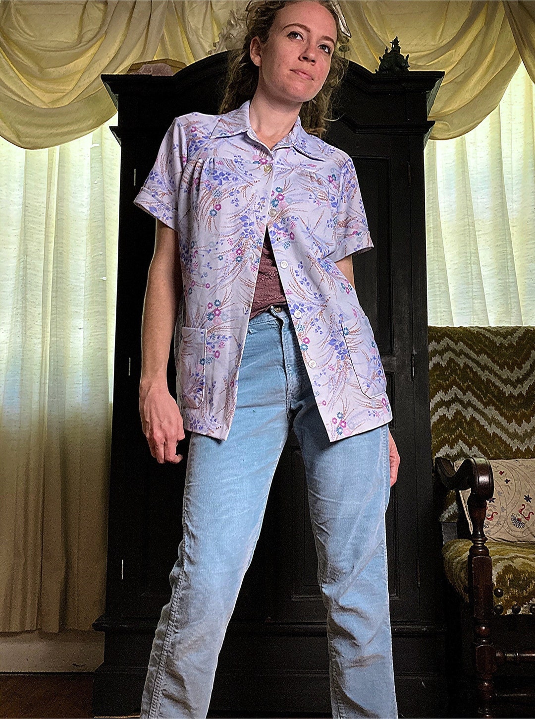 L/ Vintage Periwinkle Blouse With Flower Print, 70s Short Sleeve Button ...