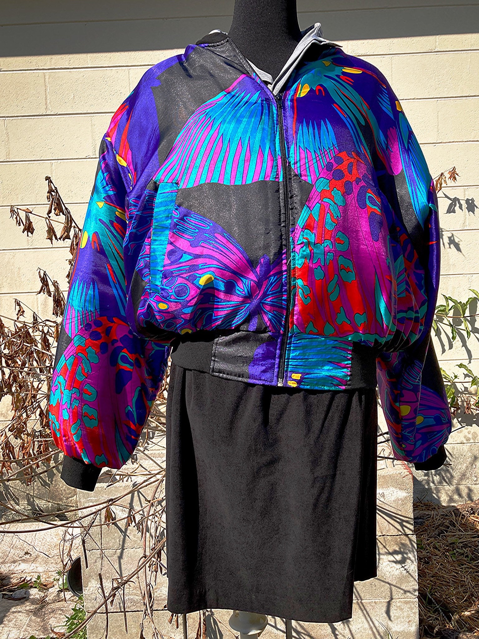 XL/ 80’s Color Block Butterfly Bomber Jacket/ Vintage Abstract Purple ...