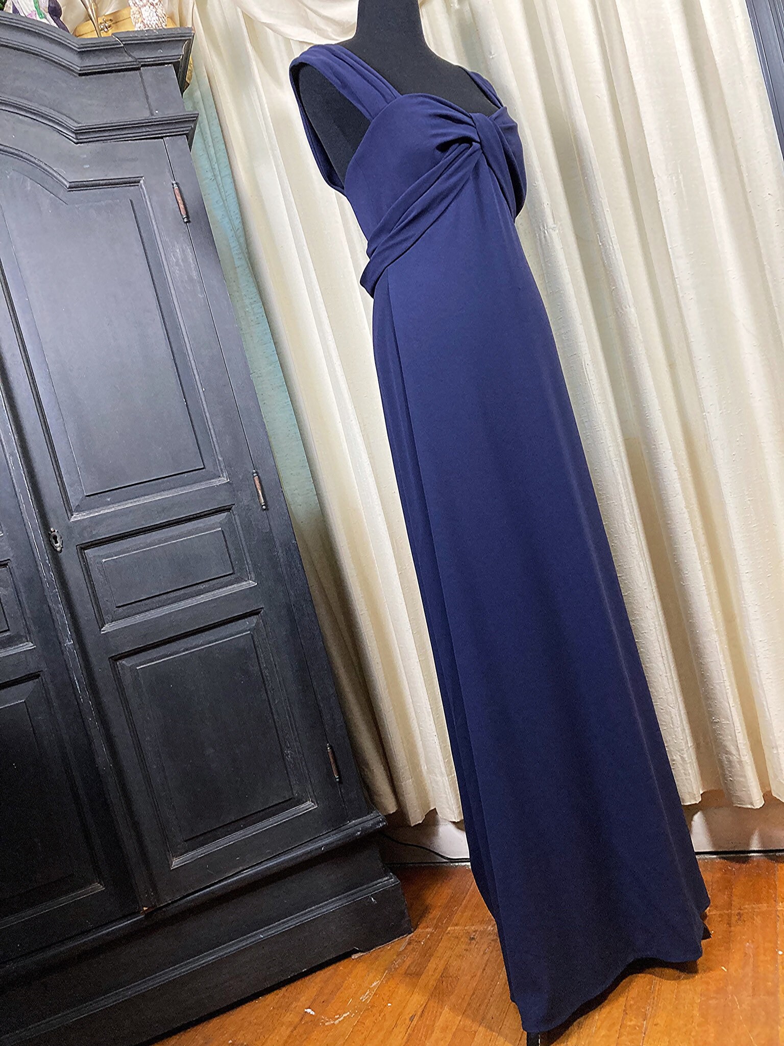 M/ Vintage Escada Midnight Blue Evening Gown, Sleeveless Draped Floor ...