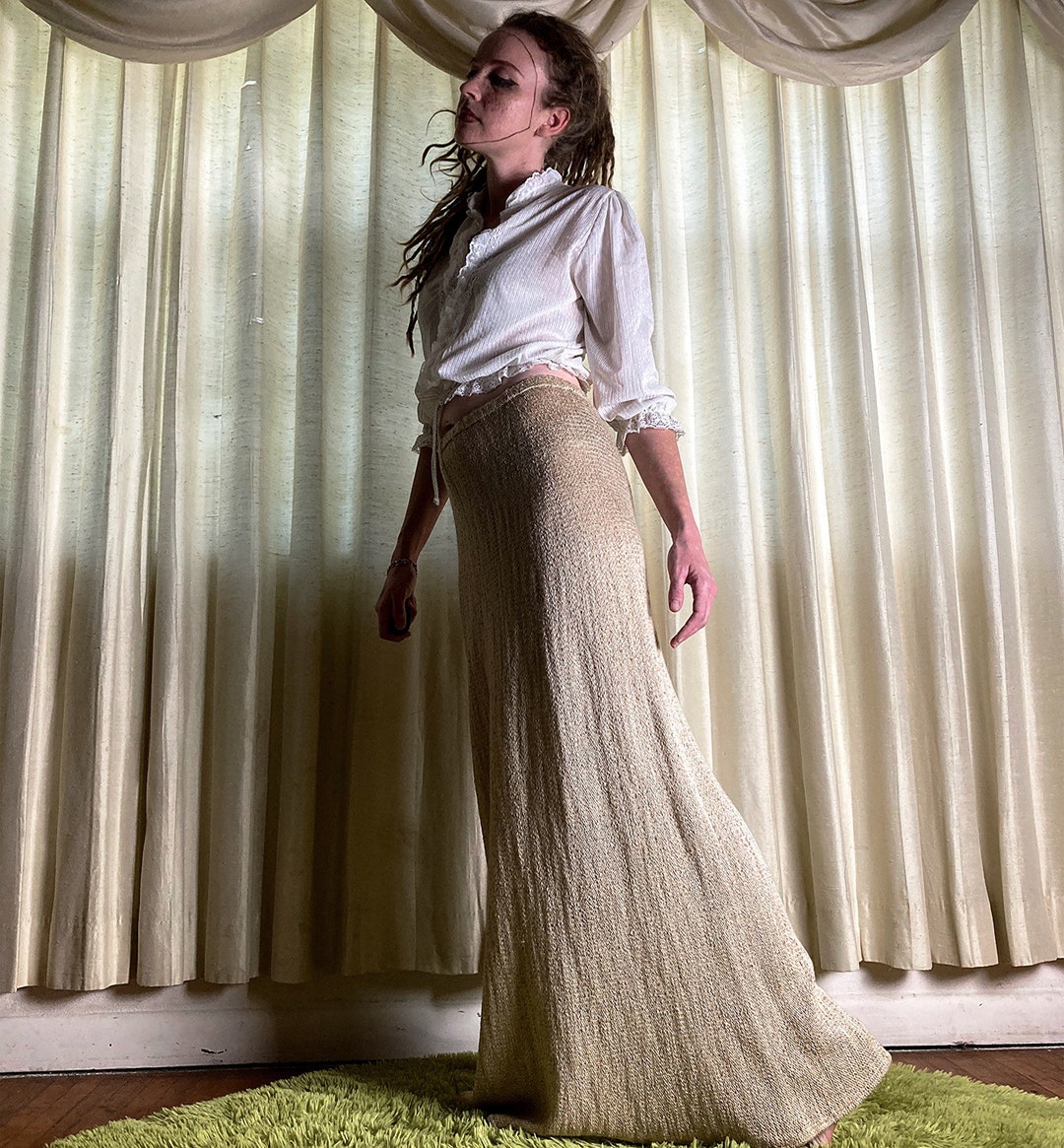 M/ Vintage Mary Farrin Knit Maxi Skirt, 70’s Sheer Knit Tan Skirt, Sexy ...