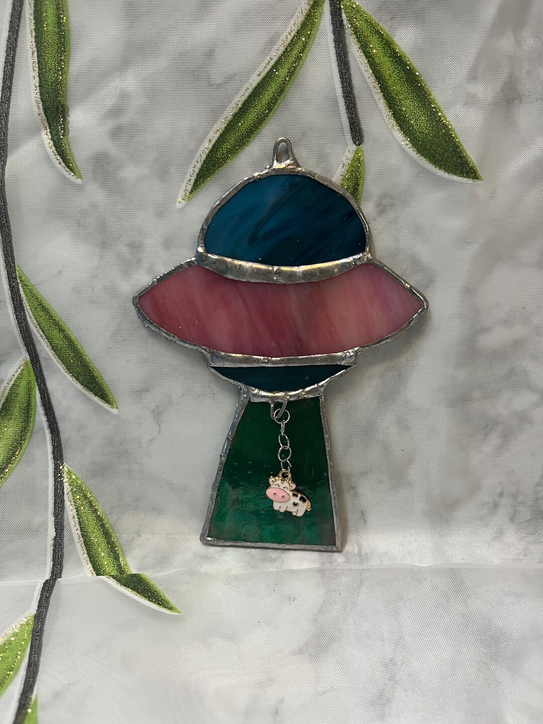 UFO Stained Glass Suncatcher: Alien Spaceship With Cow Charm - Etsy