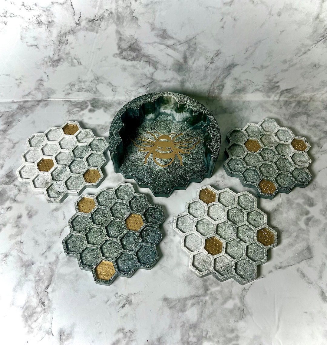 Honeycomb Bee Style Green/white & Gold Coaster Set of 4 With Holder ...