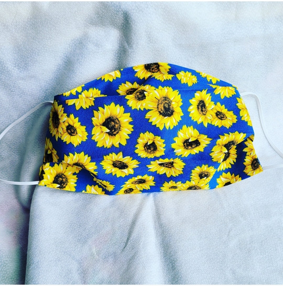 Sunflower Blue & Yellow Face Mask Cotton With Filter Pocket Handsewn - Etsy