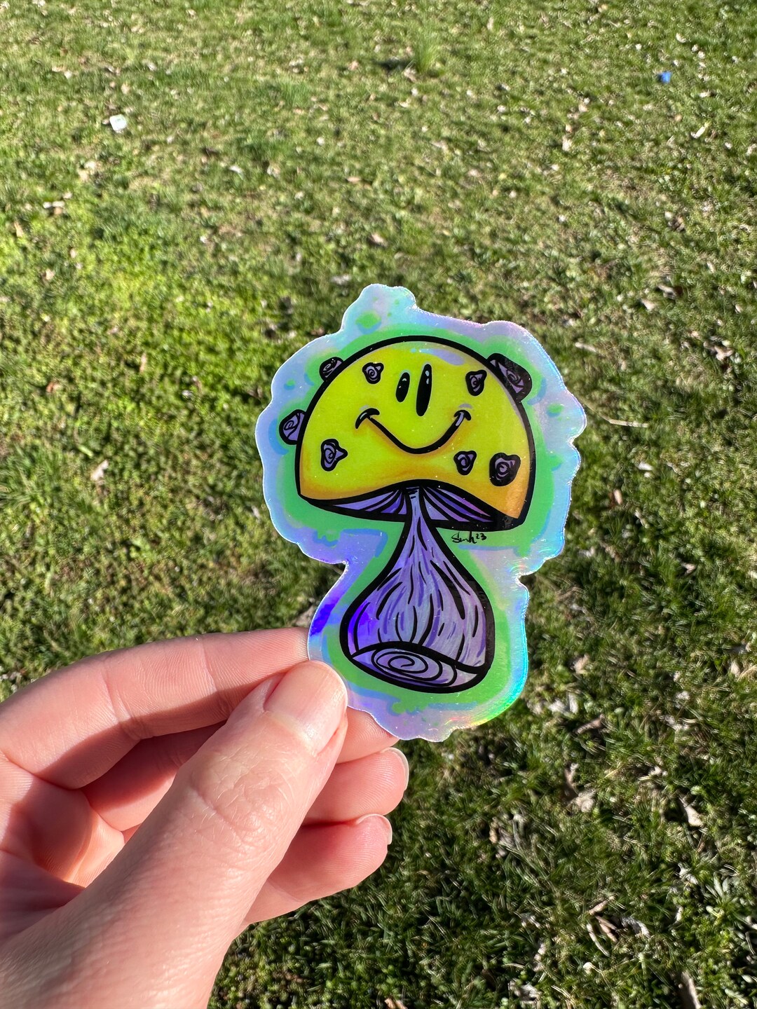 Holographic Smiley Mushroom Sticker - Etsy