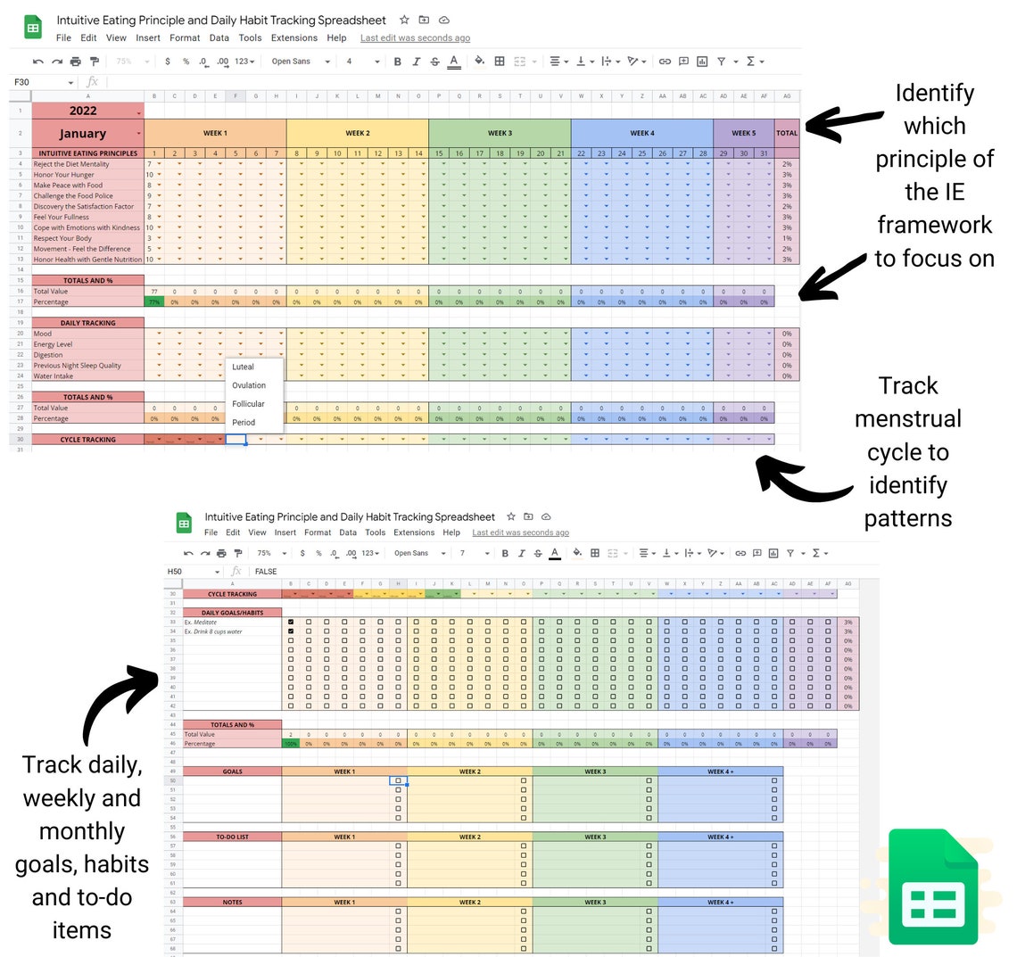 Intuitive Eating Spreadsheet Bundle (intuitive Eating Principle Tracker ...