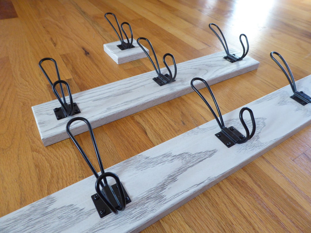 Solid Oak Coat Hanging Board - Large Black Double Hook Hangers ...