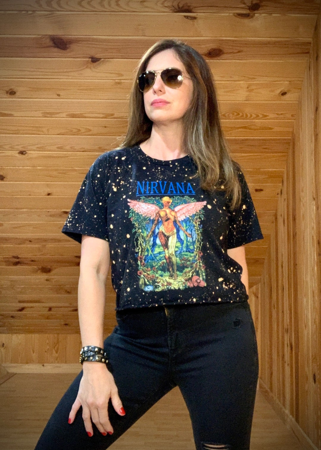 Nirvana Cropped Medium Tee, Bleached Distressed Rock Band Tshirt for ...